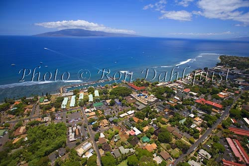 Aerial of Lahaina and the harbor. Lanai in distance, Maui, Hawaii ...
